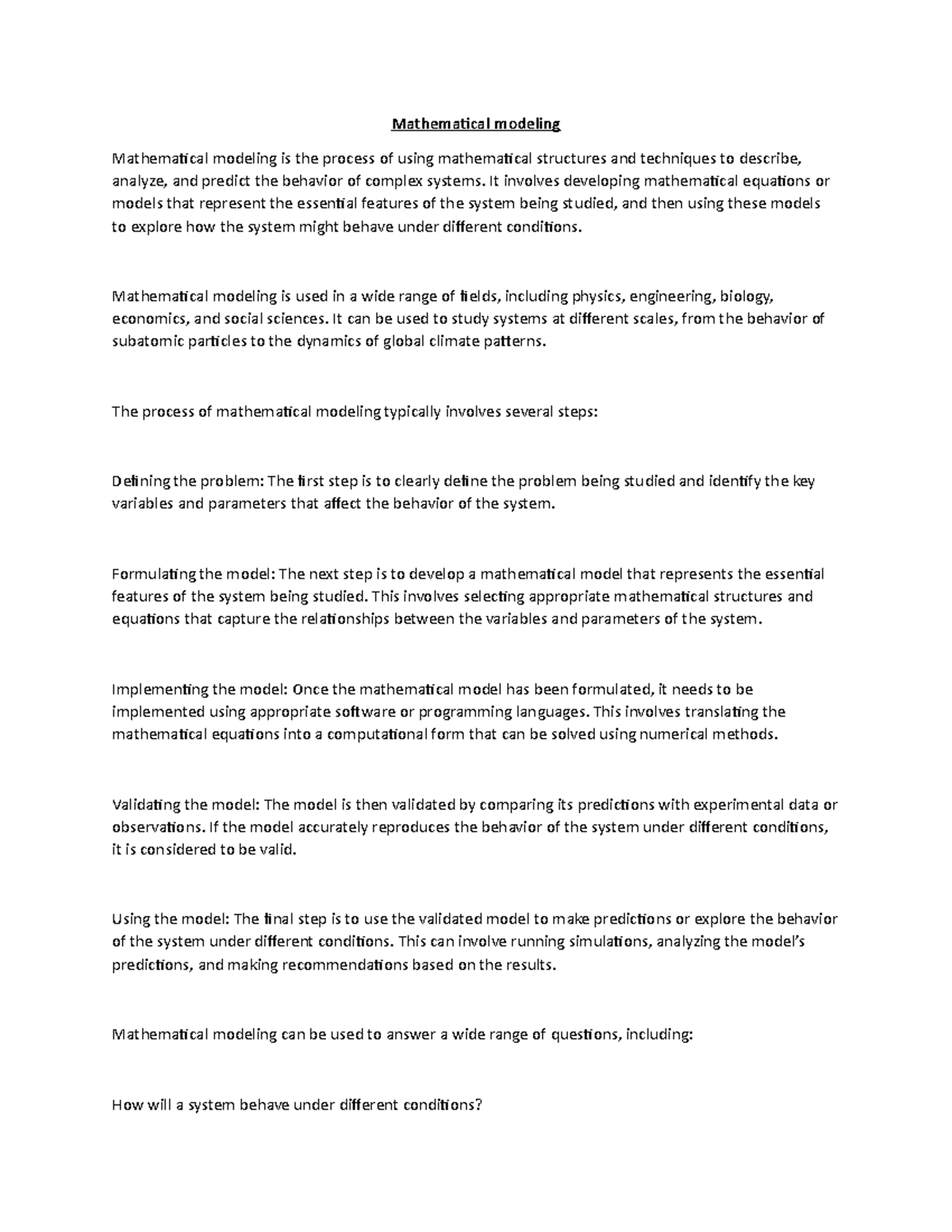 Mathematical modeling - Mathematical modeling Mathematical modeling is the process of using ...