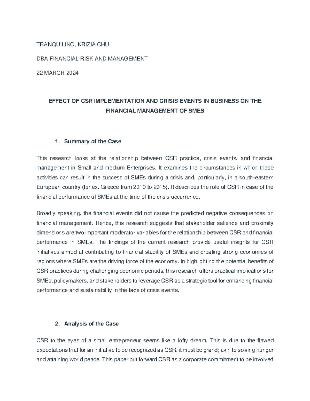 Fin Risk 1 week1 - TRANQUILINO, KRIZIA CHU DBA FINANCIAL RISK AND ...