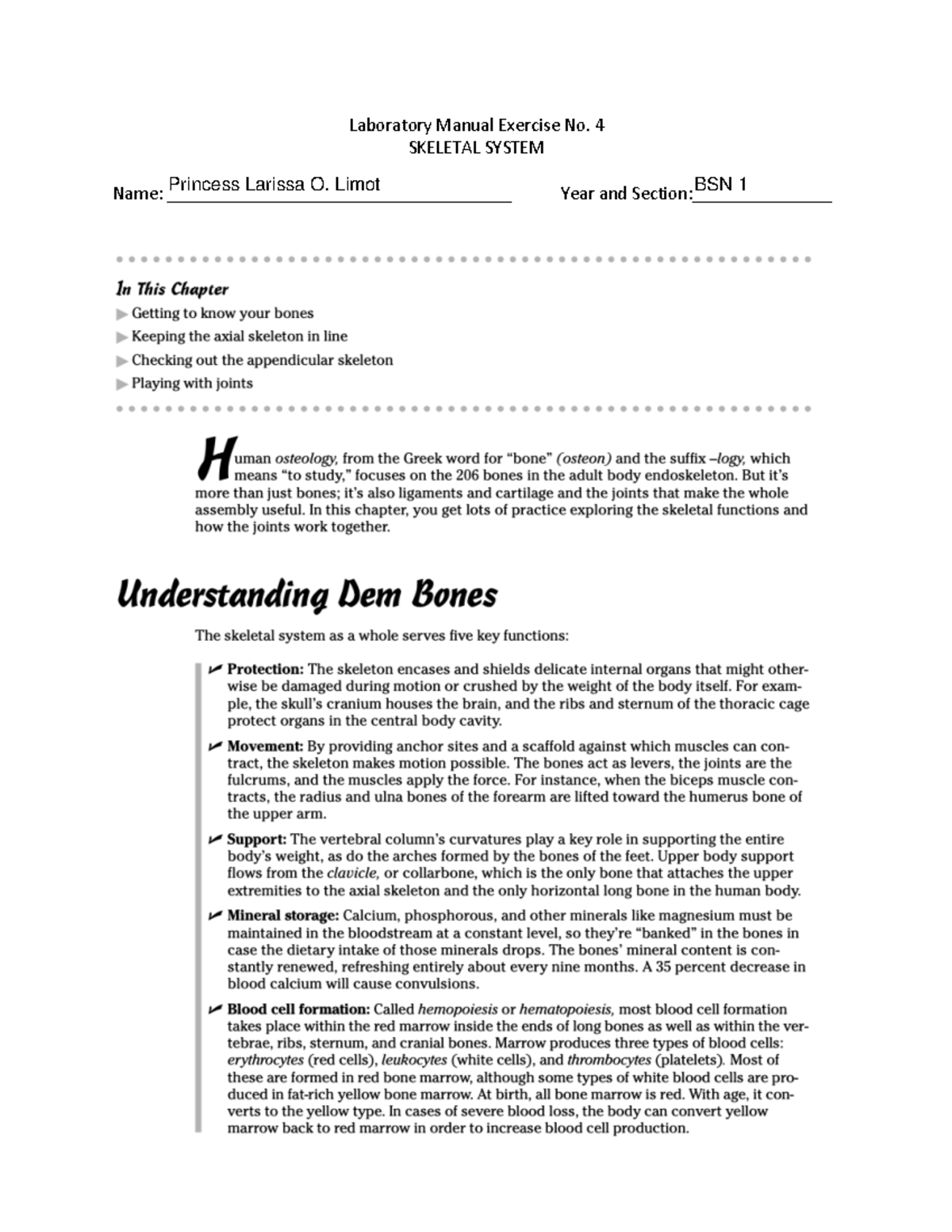 Laboratory Manual Exercise No 4 - Skeletal System - Laboratory Manual Exercise No. 4 SKELETAL ...
