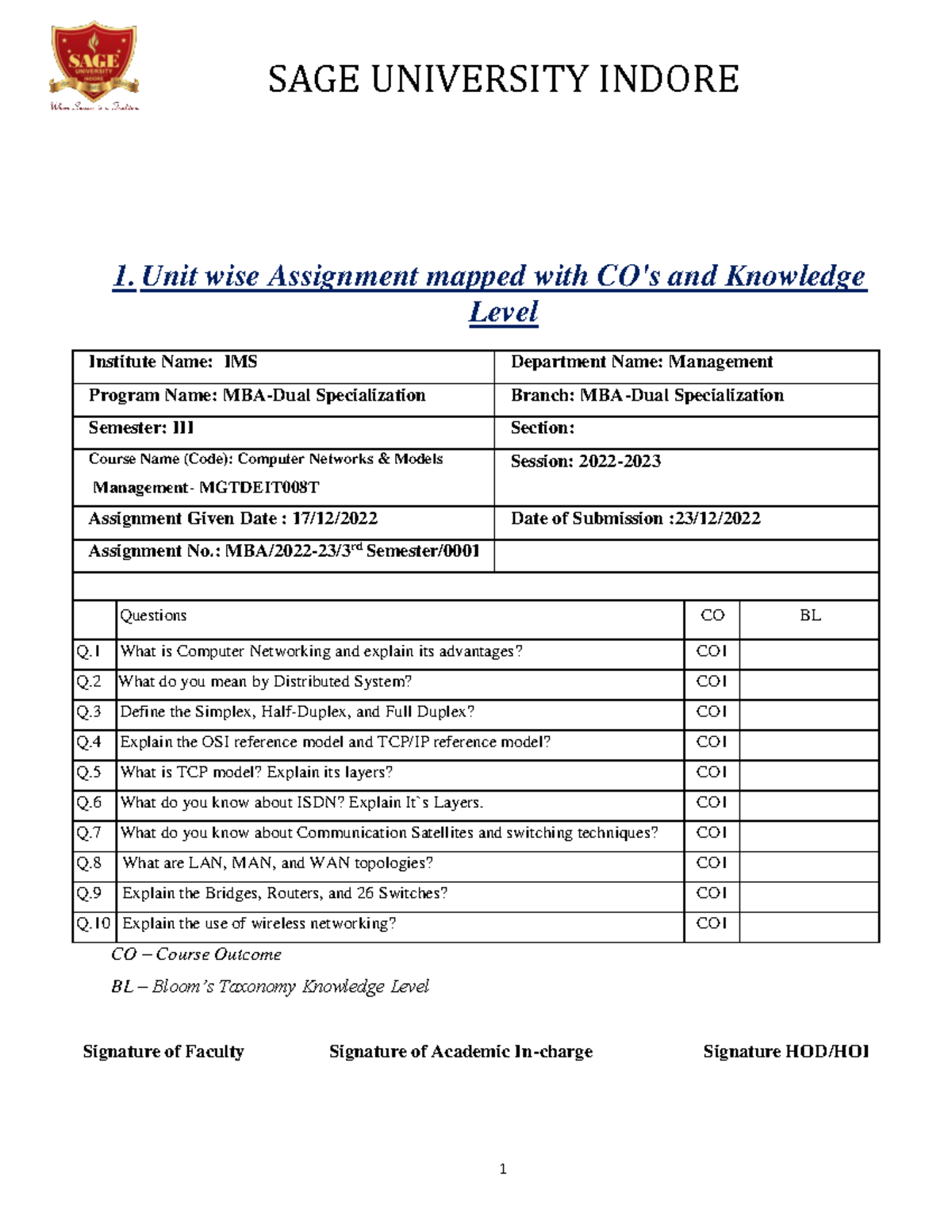 Assignment Cnm Compt Sage University Indore 1 1 Unit Wise Assignment Mapped With Cos And