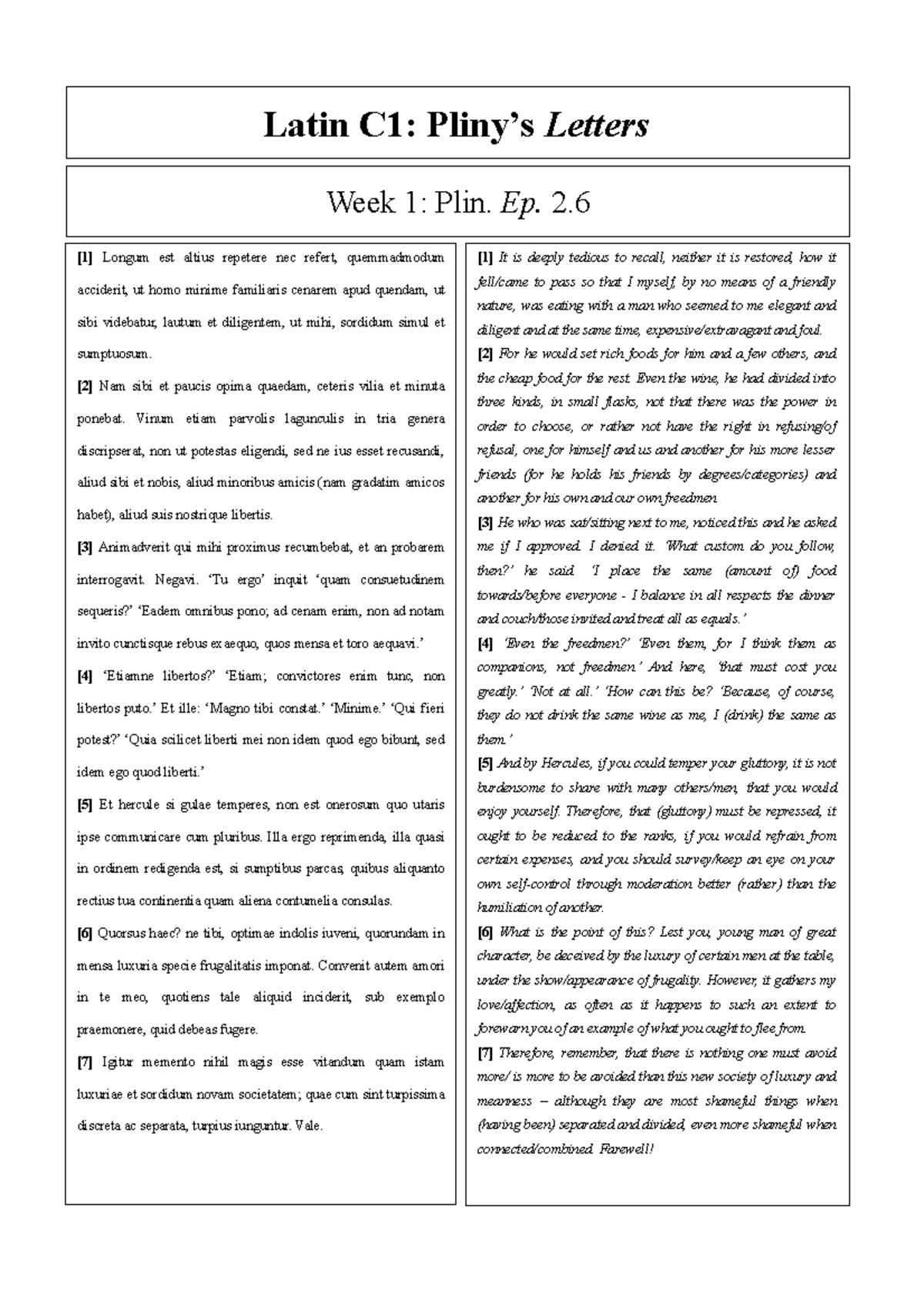 Pliny Set Text (revision) - Latin C1: Pliny’s Letters Week 1: Plin. Ep ...