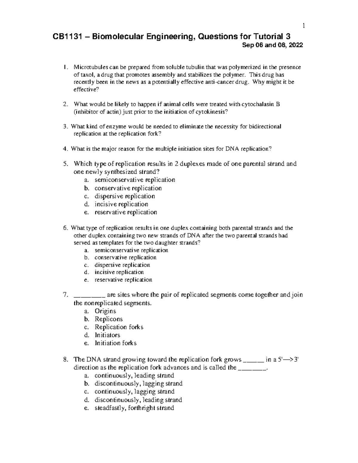 Tutorial 3 QNS - cb1131 - 1 CB1131 – Biomolecular Engineering, Questions for Tutorial 3 Sep 06 ...
