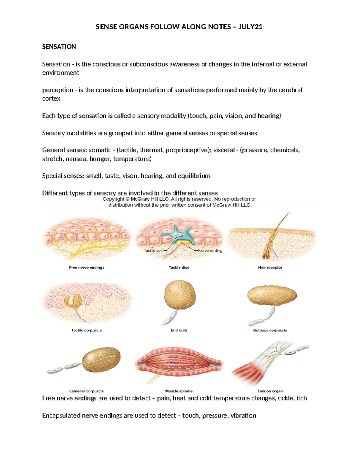 Week 5 BIOS252 - Sense Organs FAN July21 - SENSATION Sensation - is the ...