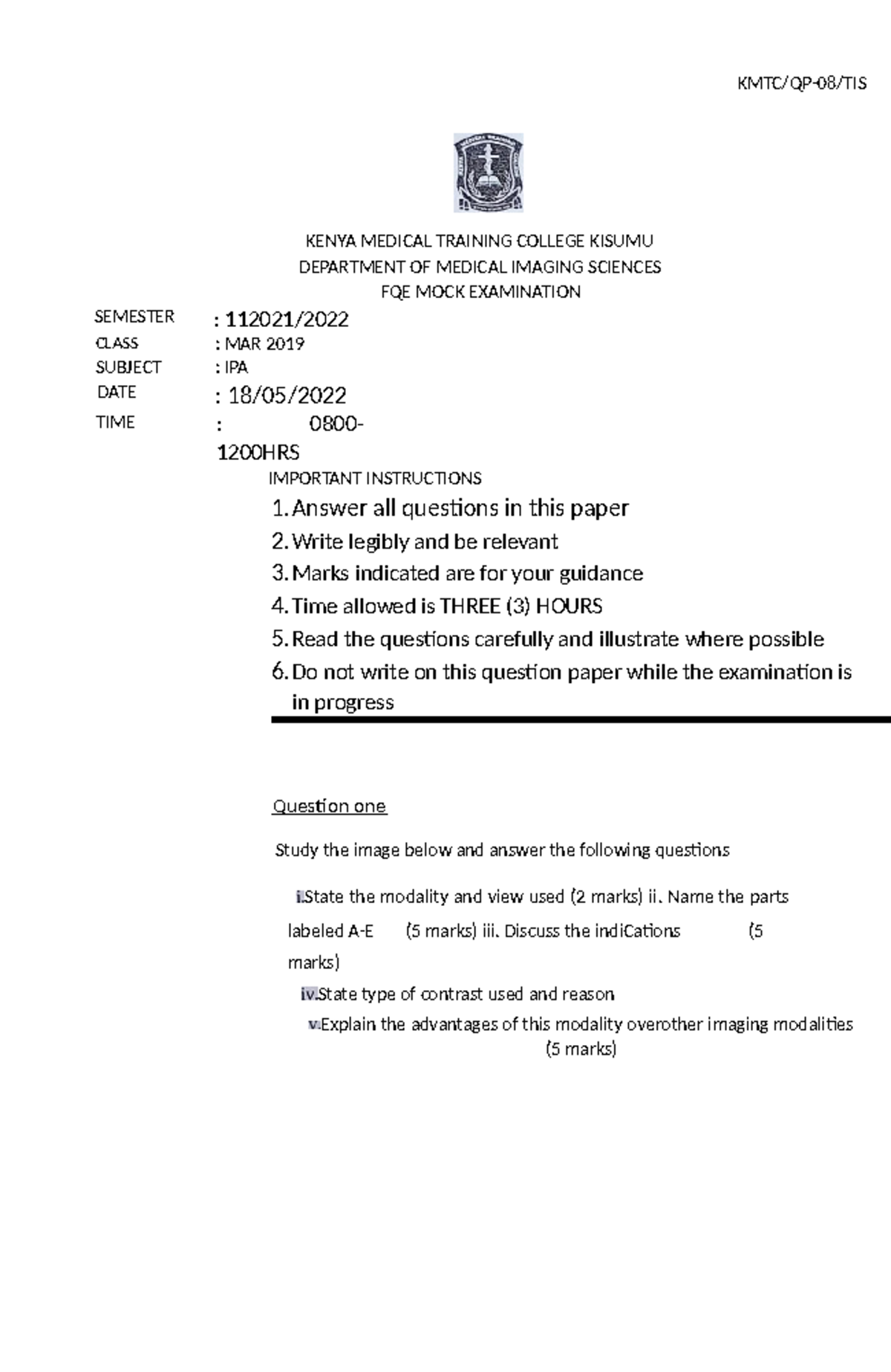 IPA 2022 mock - revision materials - KMTC/QP-08/TIS KENYA MEDICAL ...