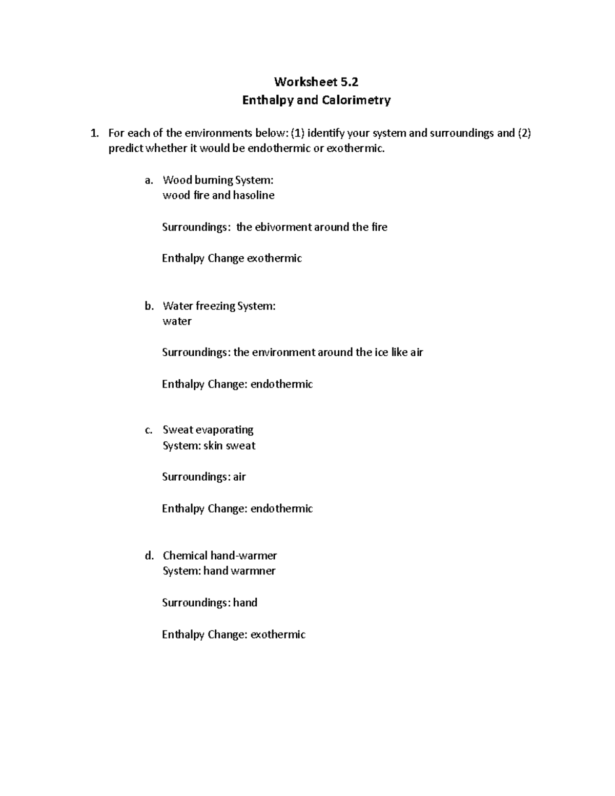 Chem1061 Clue Wksht 5 Wke Worksheet 5 Enthalpy And Calorimetry 1