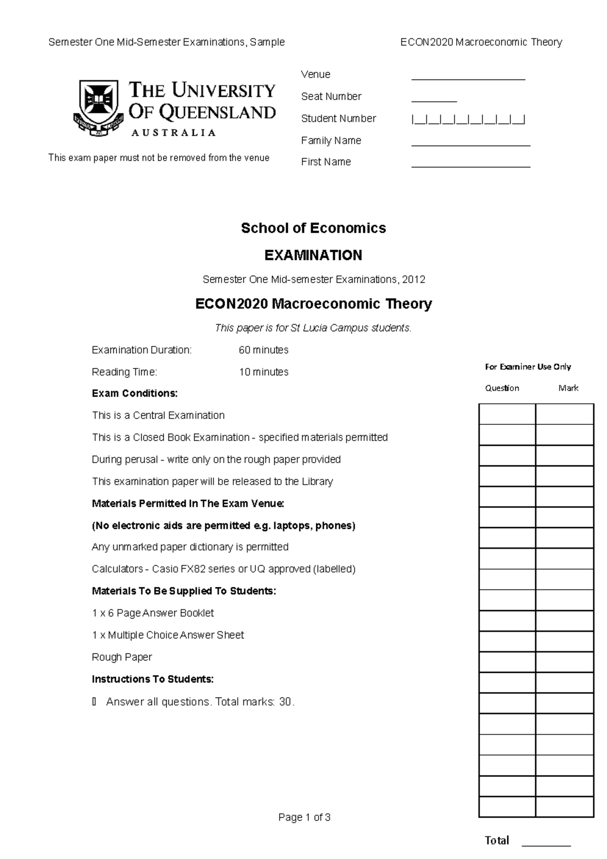 Mid Exam 2012, questions and answers - Semester One Mid-Semester ...