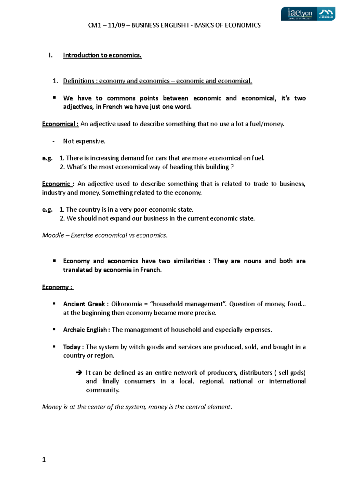 Basics OF Economics - note - I. Introduction to economics. Definitions ...