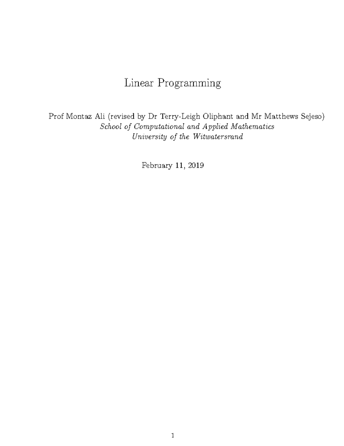 Linear Programming Optimization Linear Programming Prof Montaz Ali
