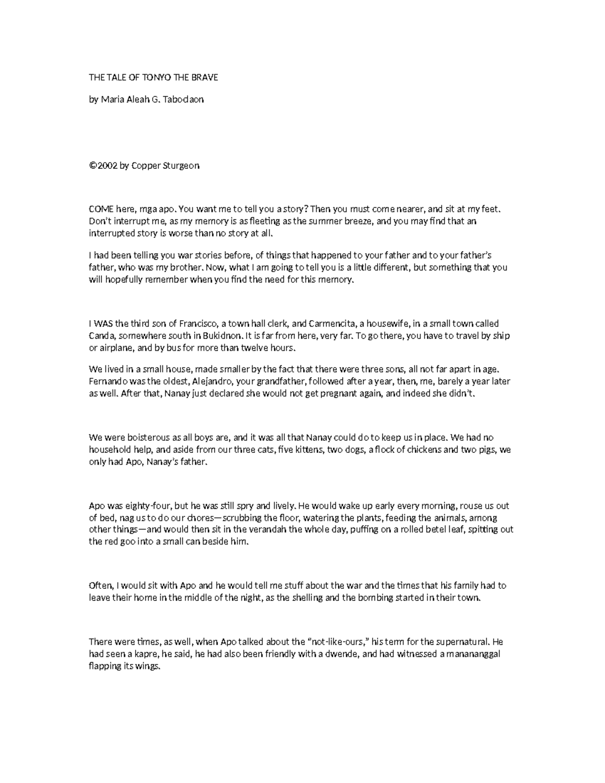THE TALE OF Tonyo THE Brave - THE TALE OF TONYO THE BRAVE by Maria ...