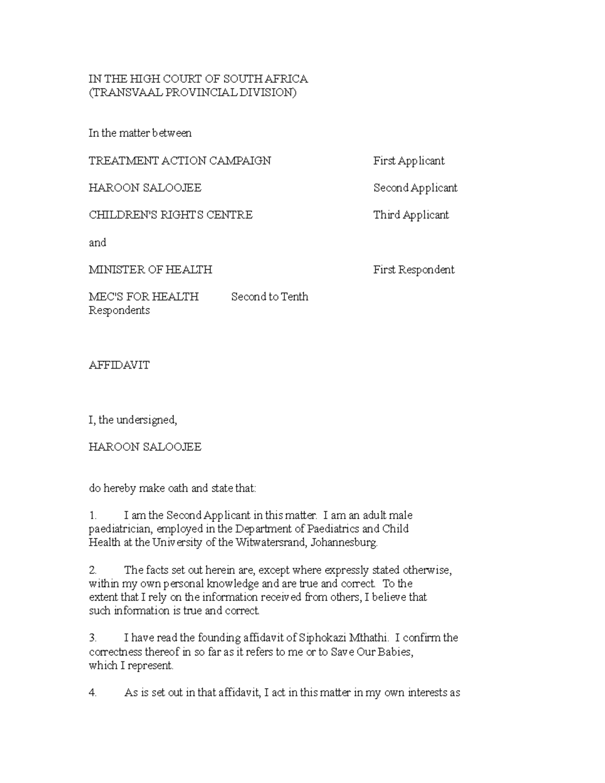 Affidavit of Haroon Saloojee 0 - IN THE HIGH COURT OF SOUTH AFRICA ...