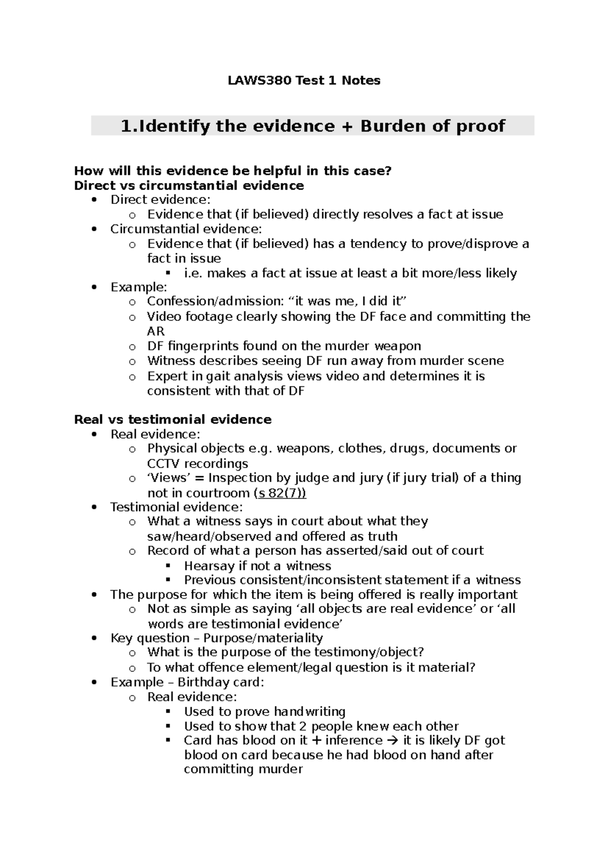 LAWS380 Test 1 Notes - LAWS380 Test 1 Notes 1 the evidence + Burden of ...