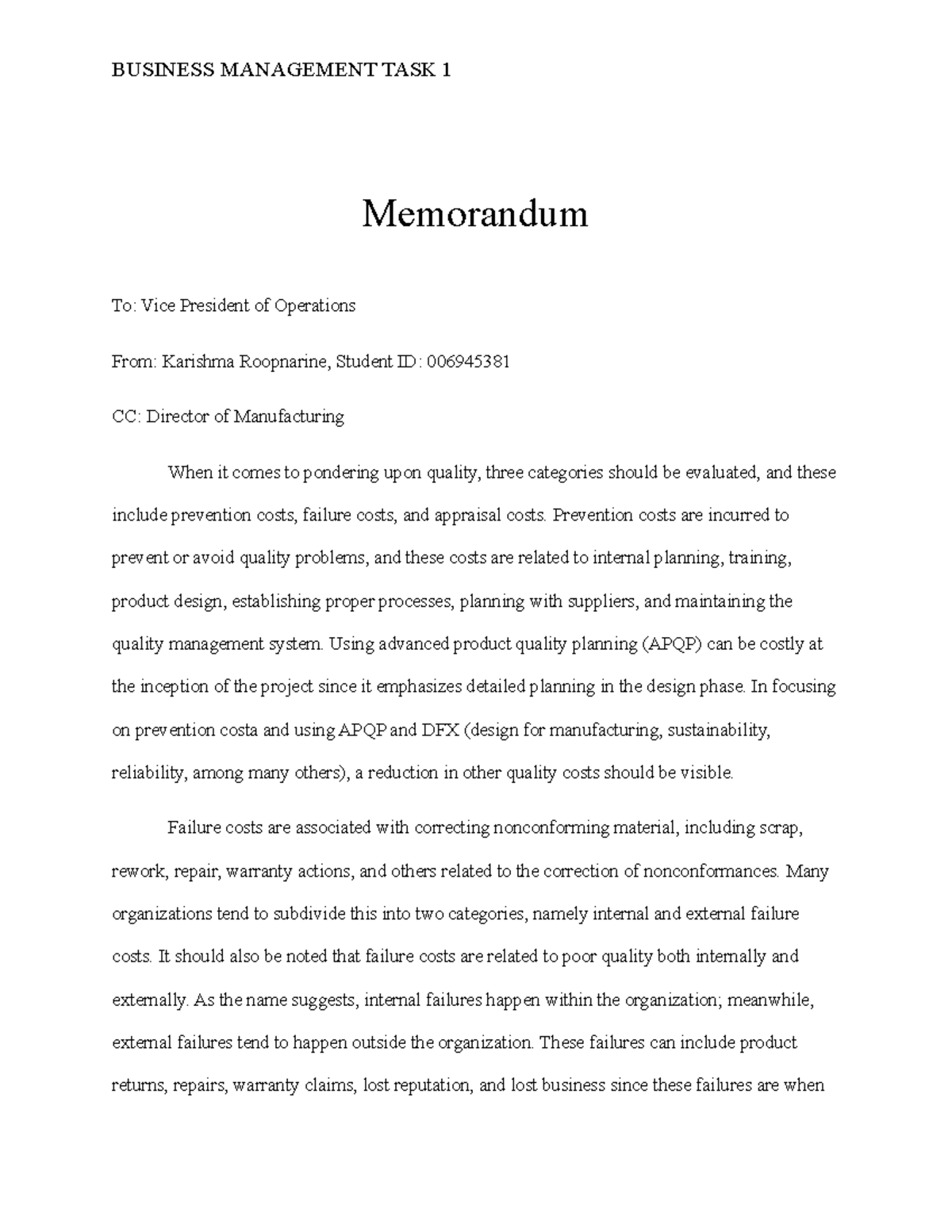 AVM1 TASK 1 Submission - BUSINESS MANAGEMENT TASK 1 Memorandum To: Vice ...