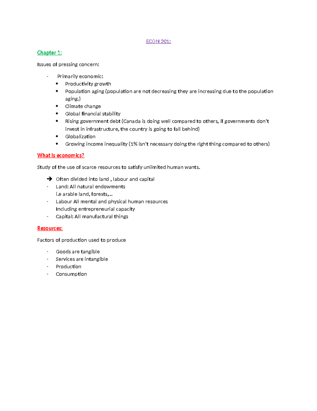 ECON 201 - econ 201 - ECON 201: Chapter 1: Issues of pressing concern ...