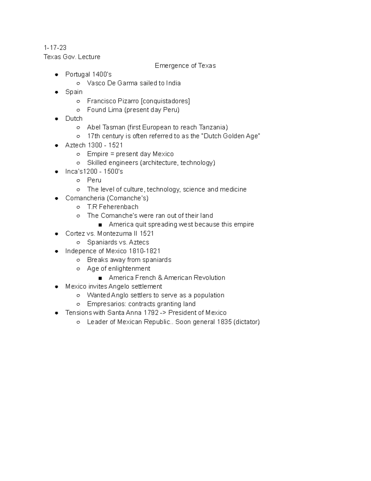 1-17-23 Texas Gov. Lectures - 1-17- Texas Gov. Lecture Emergence of ...