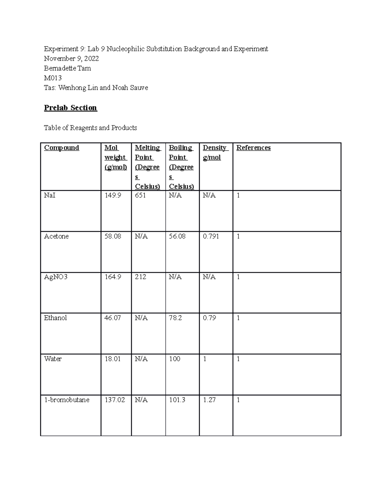 Experiment 9 - Lab 9 elements - Experiment 9: Lab 9 Nucleophilic ...
