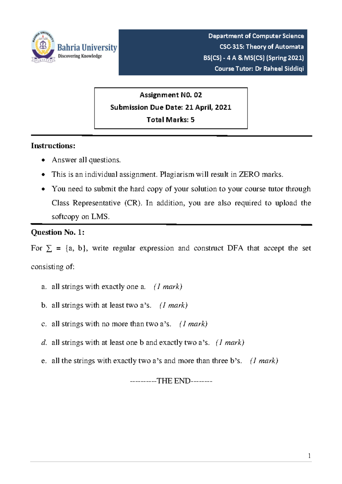 Assignment 2 TOA 4A Spring 2021 21032021 015208 pm - Department of Computer Science CSC-315 ...