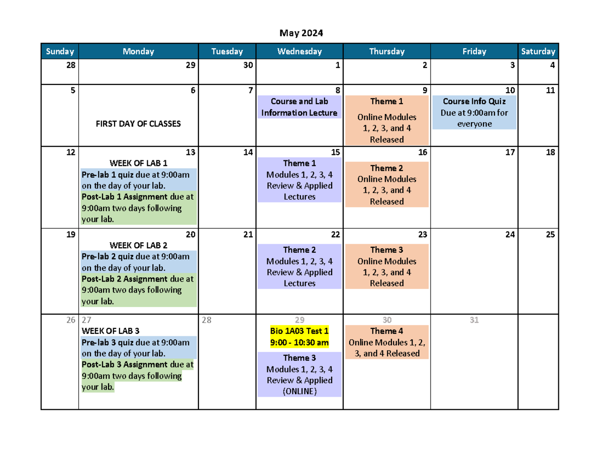 Bio1A03 Calendar S2024 - May 2024 Sunday Monday Tuesday Wednesday ...