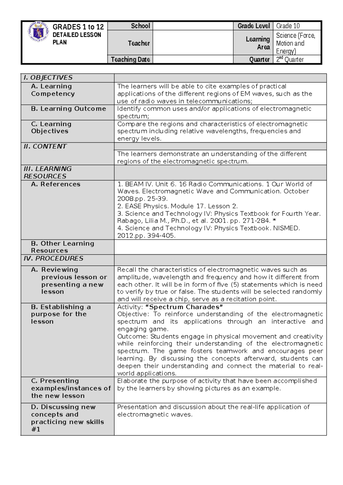 Lesson Plan- EM spectrum - GRADES 1 to 12 DETAILED LESSON PLAN School ...