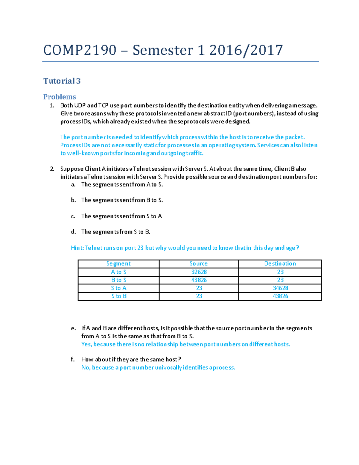 Tutorial 3 Answers - COMP2190 – Semester 1 2016/ Tutorial 3 Problems ...