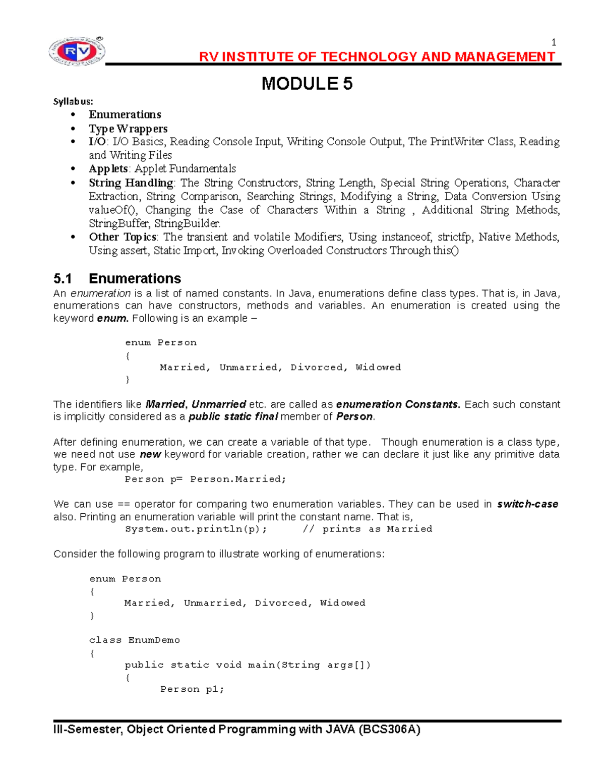 Module 5 Java Java 1 Rv Institute Of Technology And Management Iii 3264