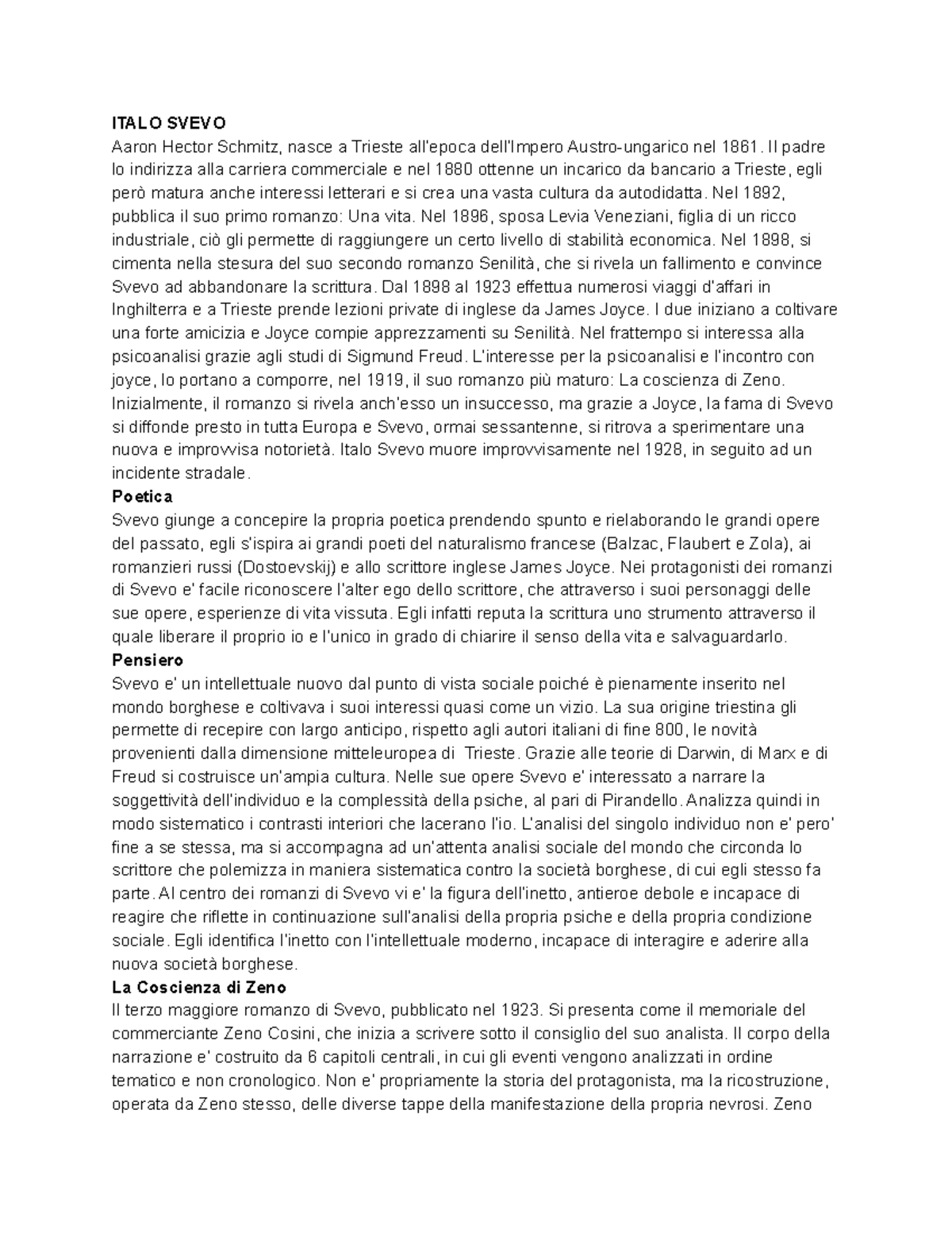 Appunti sulla vita e opere di Italo Svevo - ITALO SVEVO Aaron Hector Schmitz, nasce a Trieste ...