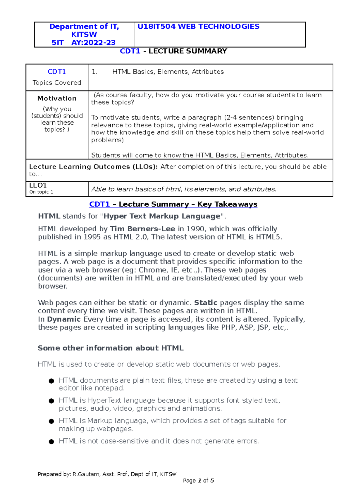Html Basics Elements Attributes Kitsw 5it Ay2022 Cdt1 Lecture Summary Cdt Topics Covered
