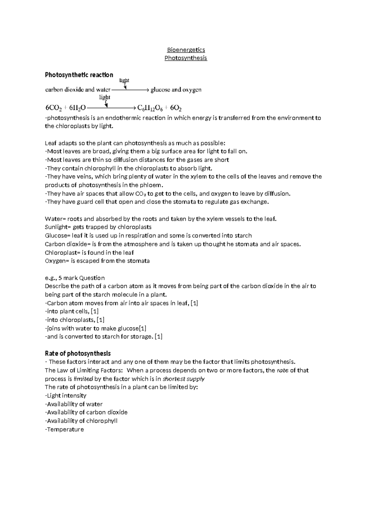 Bioenergetics Full notes - Bioenergetics Photosynthesis Photosynthetic ...