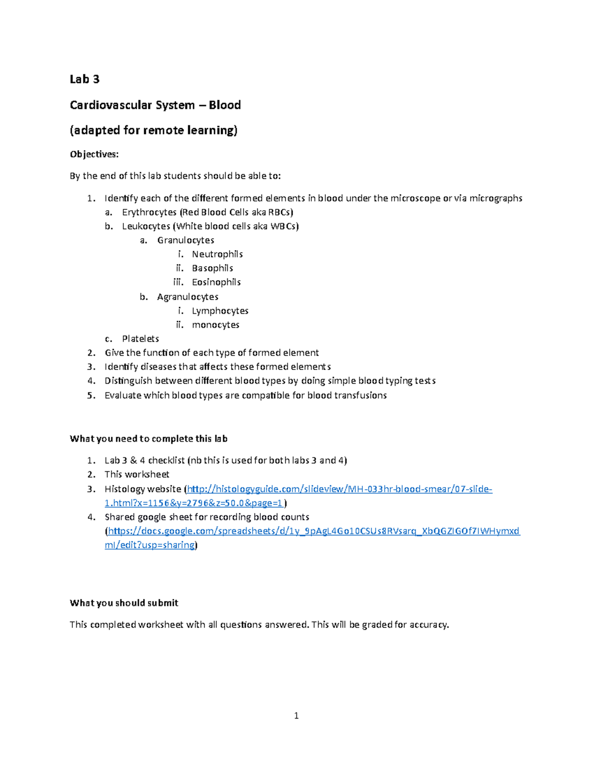 Lab 3 - Lab 3 Cardiovascular System – Blood (adapted for remote ...