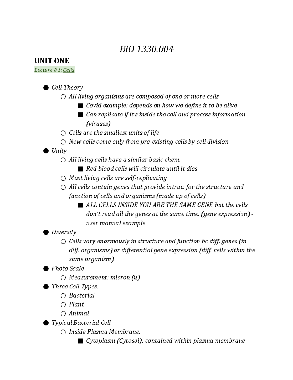 BIO 1330 - notes for bio - BIO 1330. UNIT ONE Lecture #1: Cells Cell ...