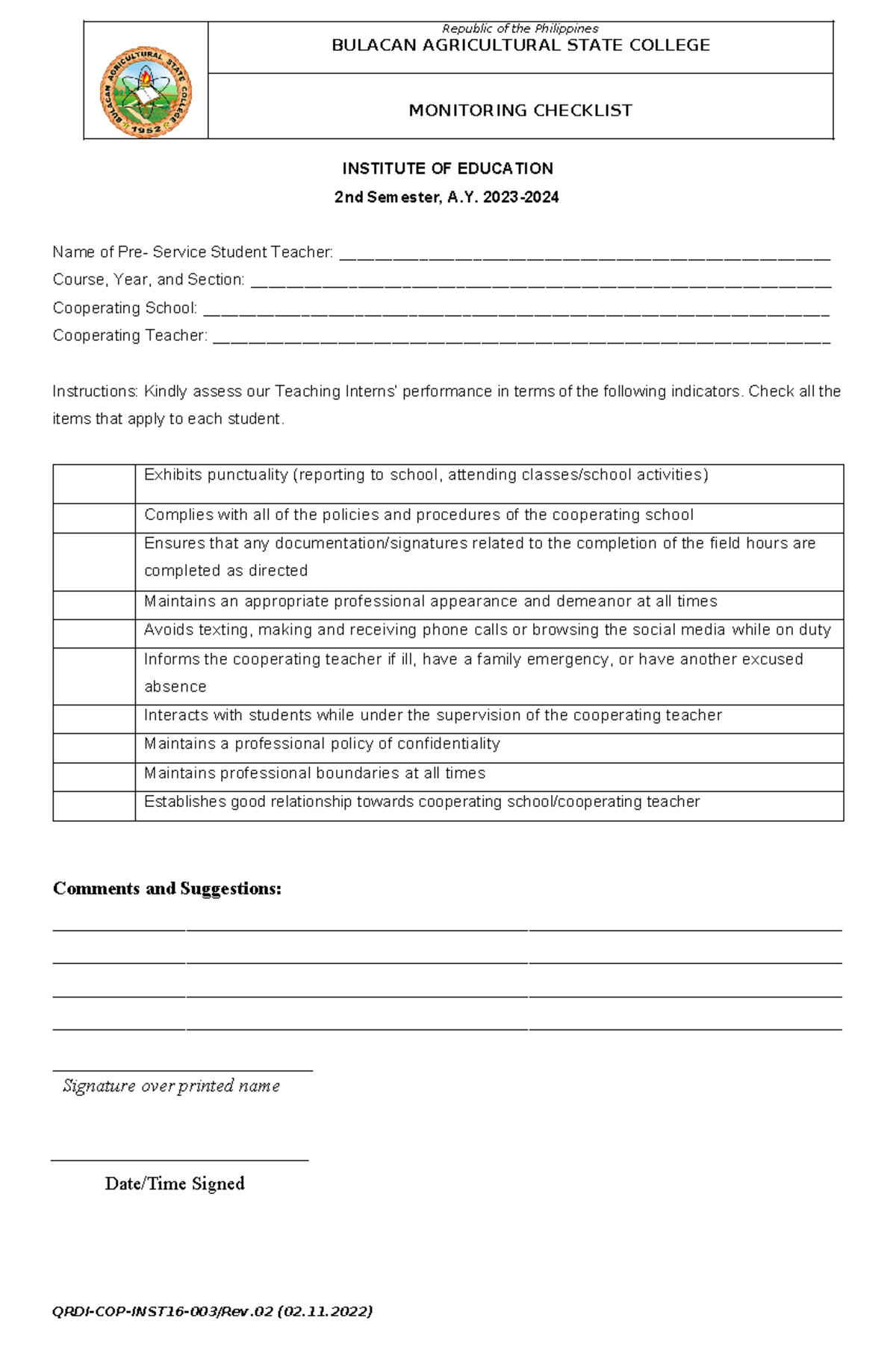 QRDI COP INST16 003 Monitoring checklist - Republic of the Philippines ...
