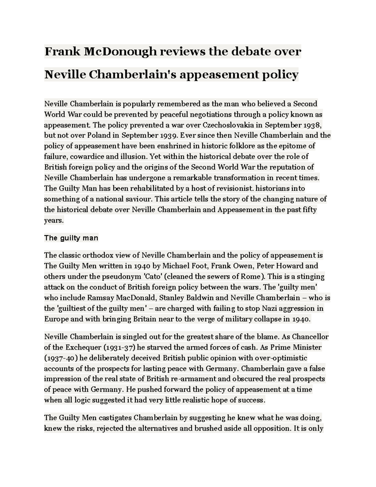Chamberlain and Appeasement - Frank McDonough reviews the debate over ...