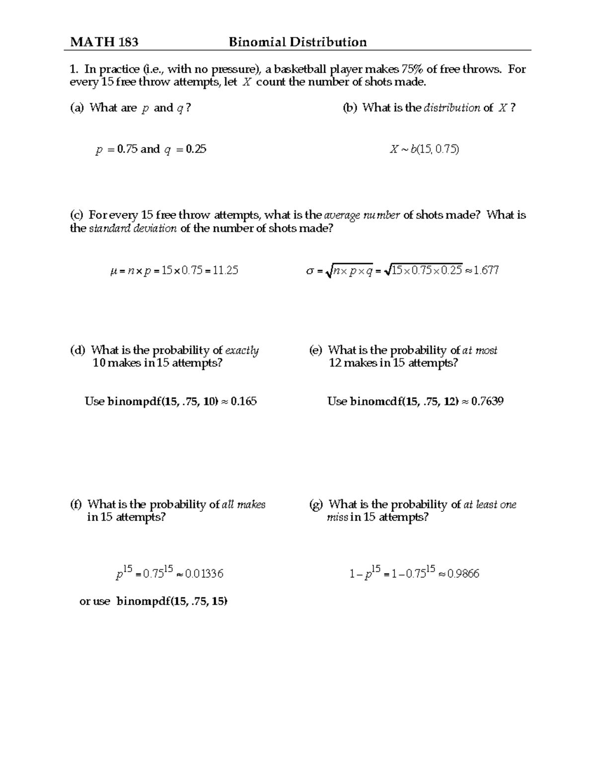 Binom Prac Soln - Lecture notes N/a - MATH 183 Binomial Distribution 1 ...