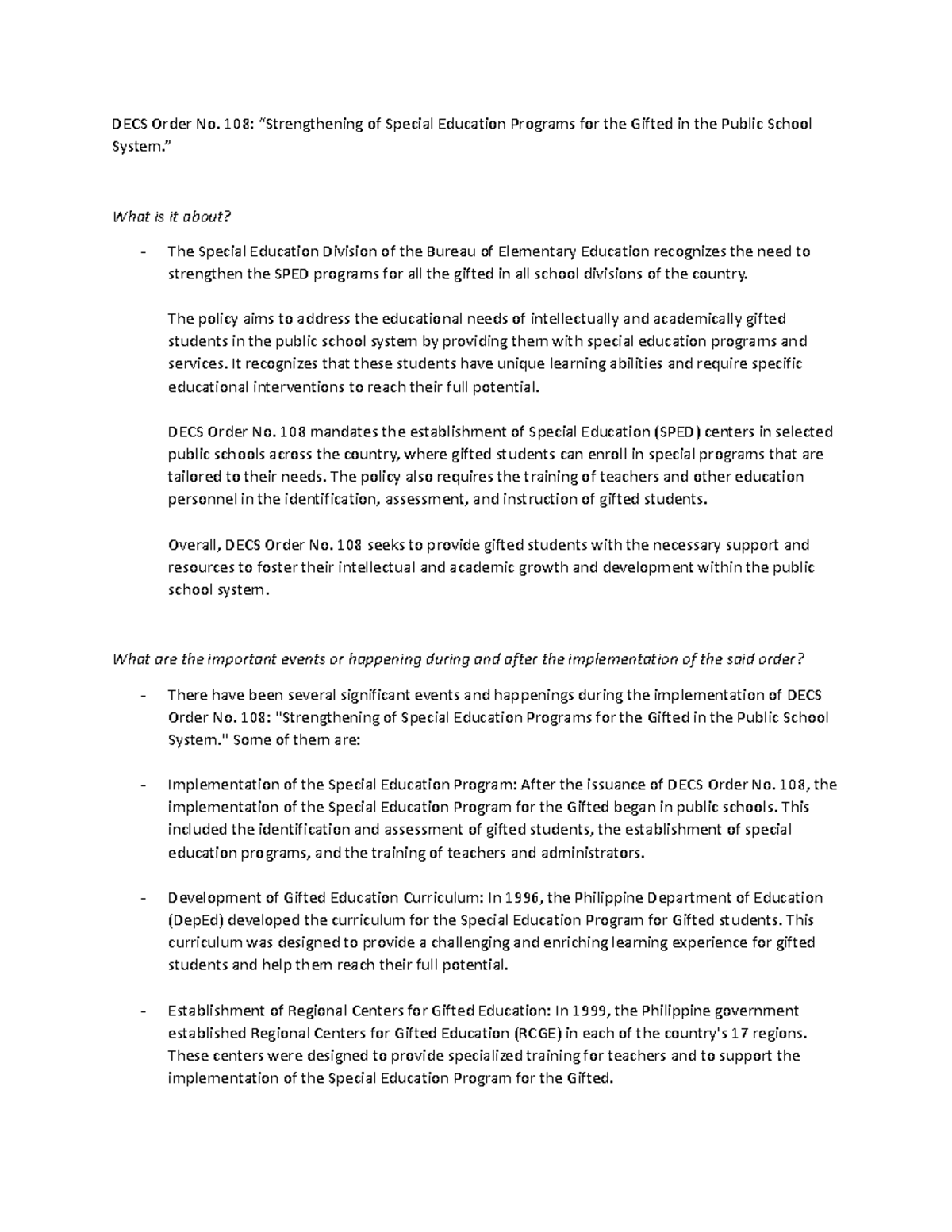 DECS Order No - 108: “Strengthening of Special Education Programs for ...