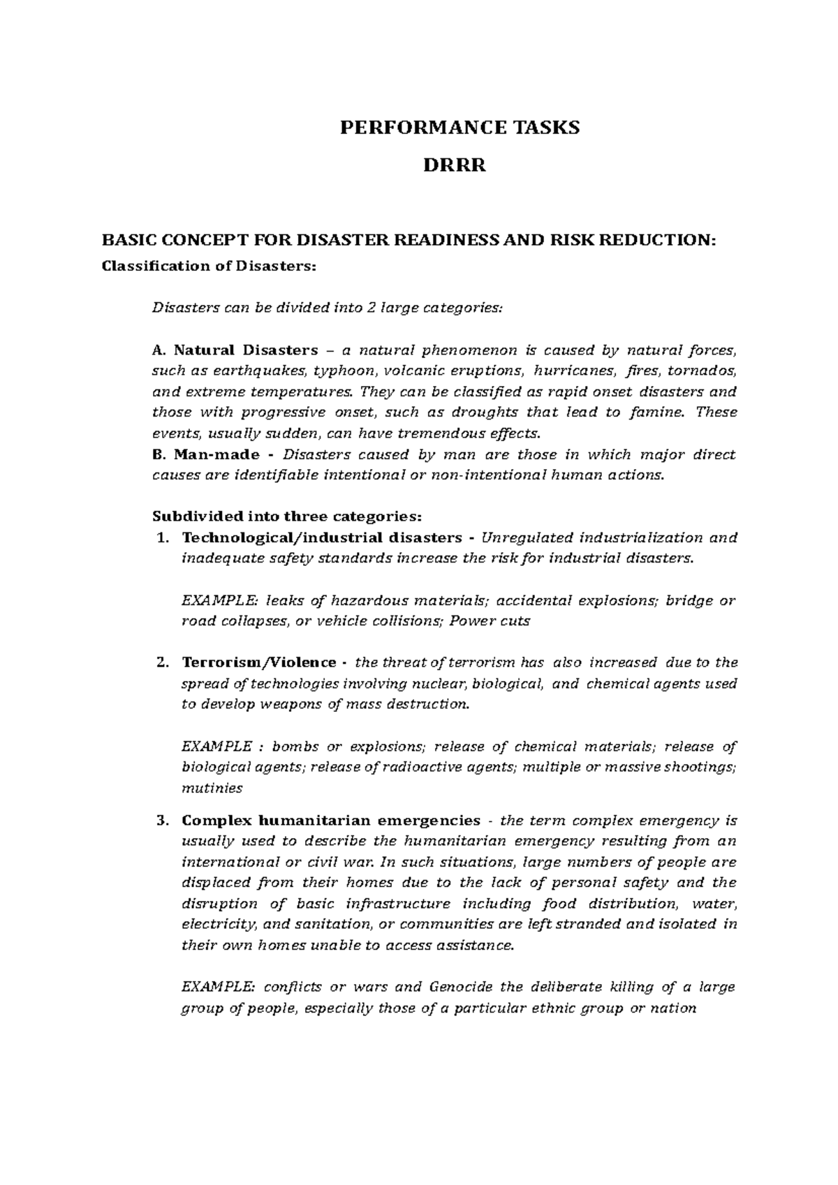 DRRM Performance Tasks February 21 2023 - PERFORMANCE TASKS DRRR BASIC CONCEPT FOR DISASTER ...