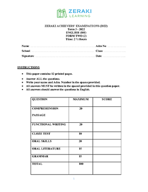 Mathematics - Mathematics Form 2 - Question Paper - ZERAKI ACHIEVERS ...