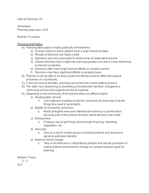 Intro to Planning Notes - Intro to Planning 11/ Reminders: Module 11 ...