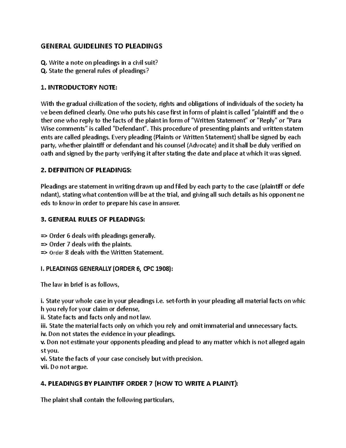 Pleadings and Conveyancing - GENERAL GUIDELINES TO PLEADINGS Q. Write a ...