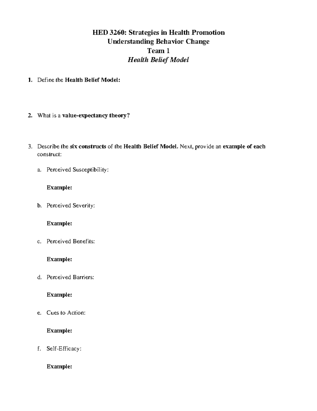 Health Belief Model and Theory of Planned Behavior Worksheet - HED 3260 ...