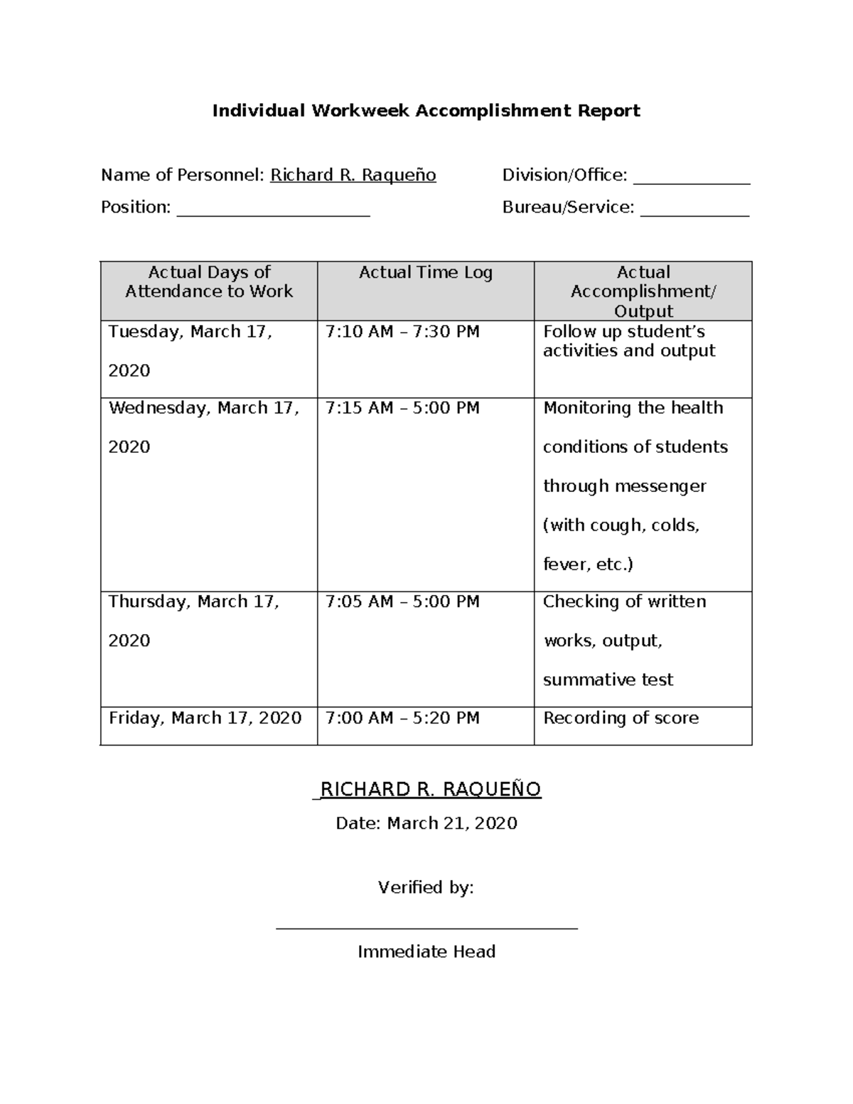 Individual Workweek Accomplishment Report - Raqueño Division/Office ...
