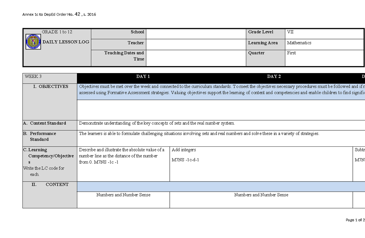 G7 Q1 WEEK 03 - GRADE 1 to 12 DAILY LESSON LOG School Grade Level VII ...
