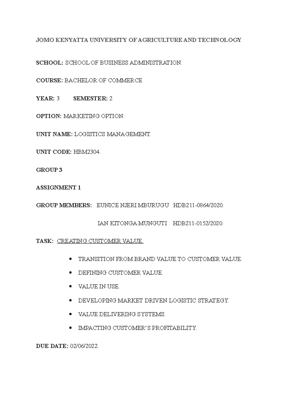 Logistics Management Assignment - JOMO KENYATTA UNIVERSITY OF ...