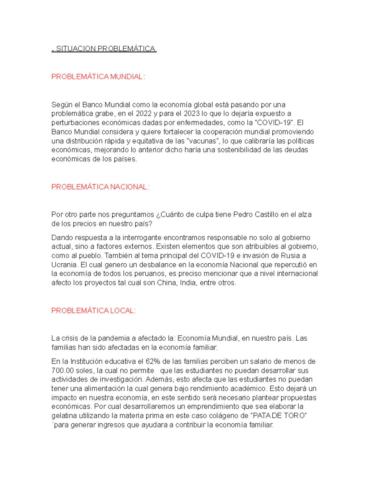 Informacion ccss - problematica - . SITUACION PROBLEMÁTICA PROBLEMÁTICA ...