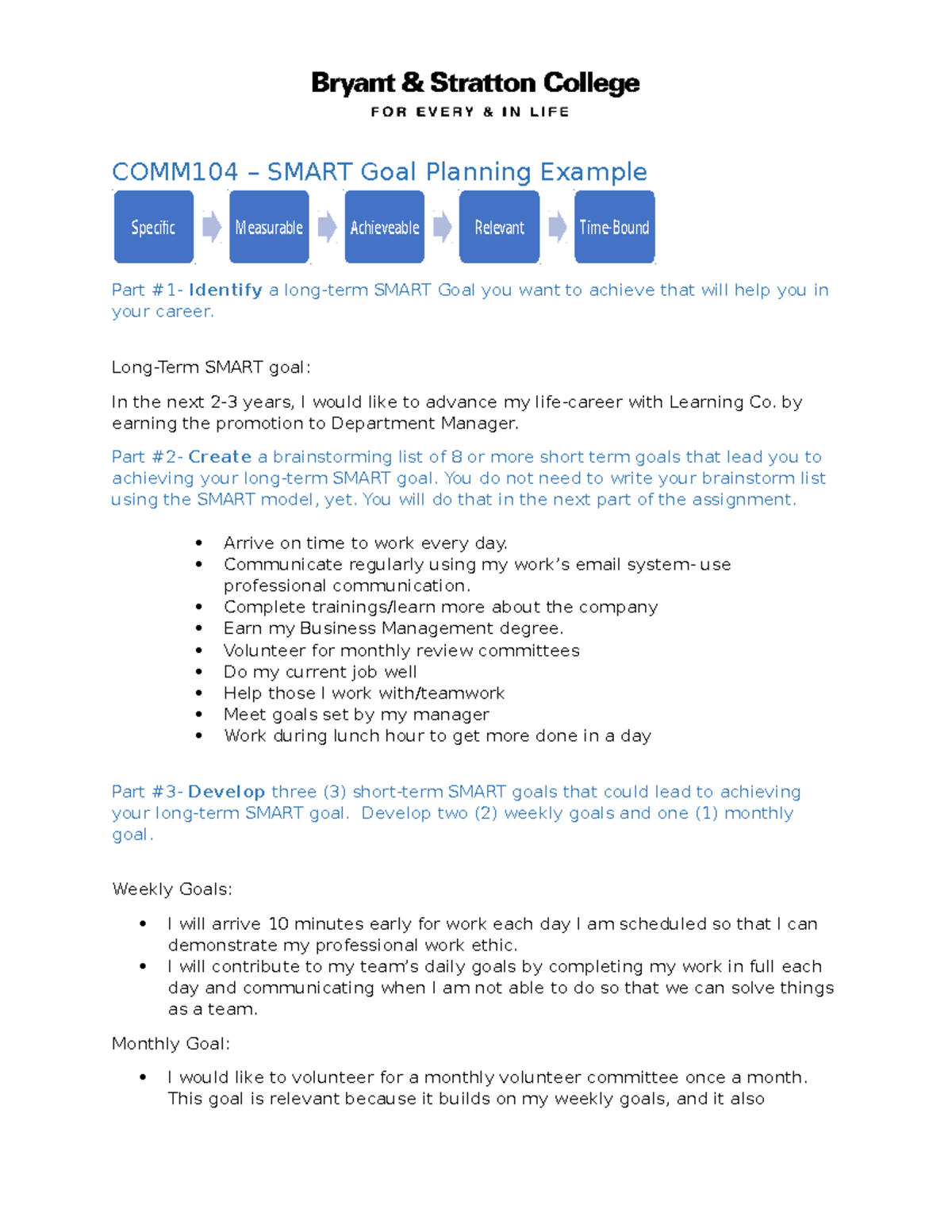 COMM104 W4 Smart Goal Planning Example - COMM104 – SMART Goal Planning ...