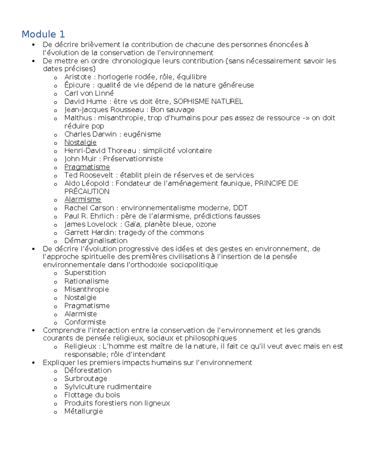Révision modules 1-2 - Résumé Fondements de la conservation de l ...