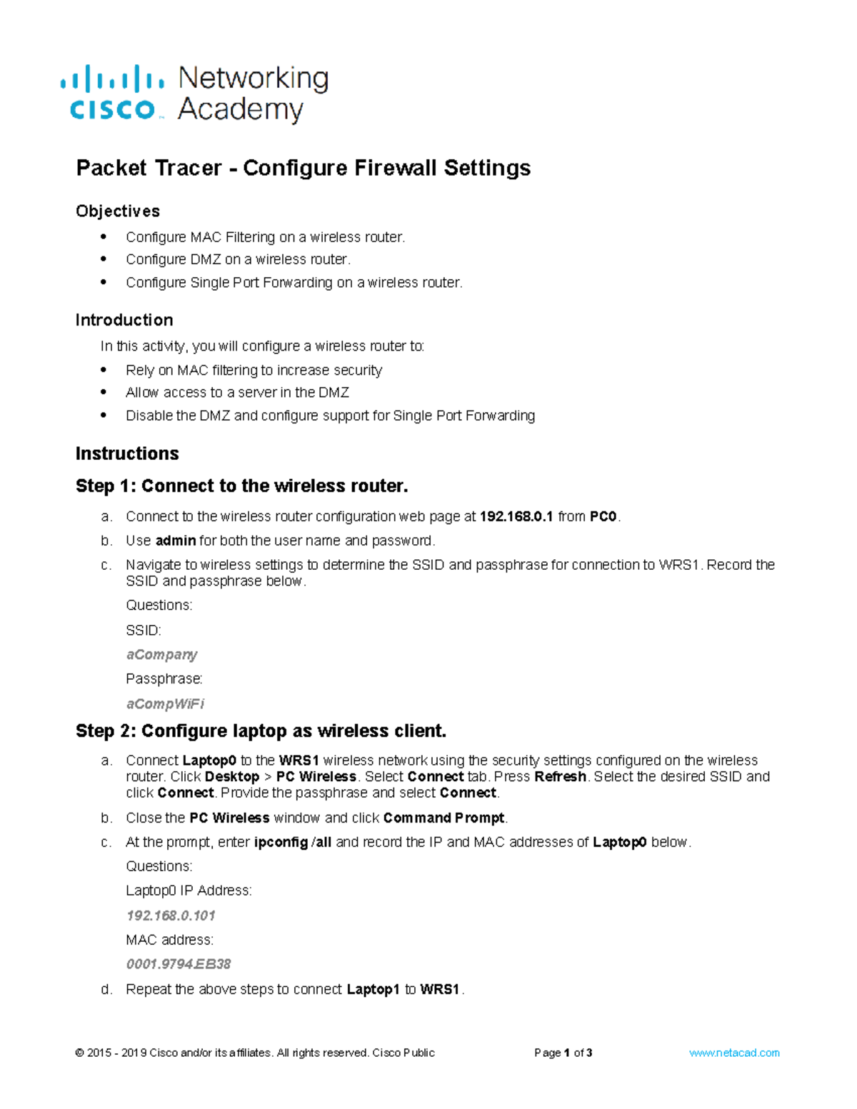 Packet Tracer Configure Firewall Settings Packet Tracer Configure