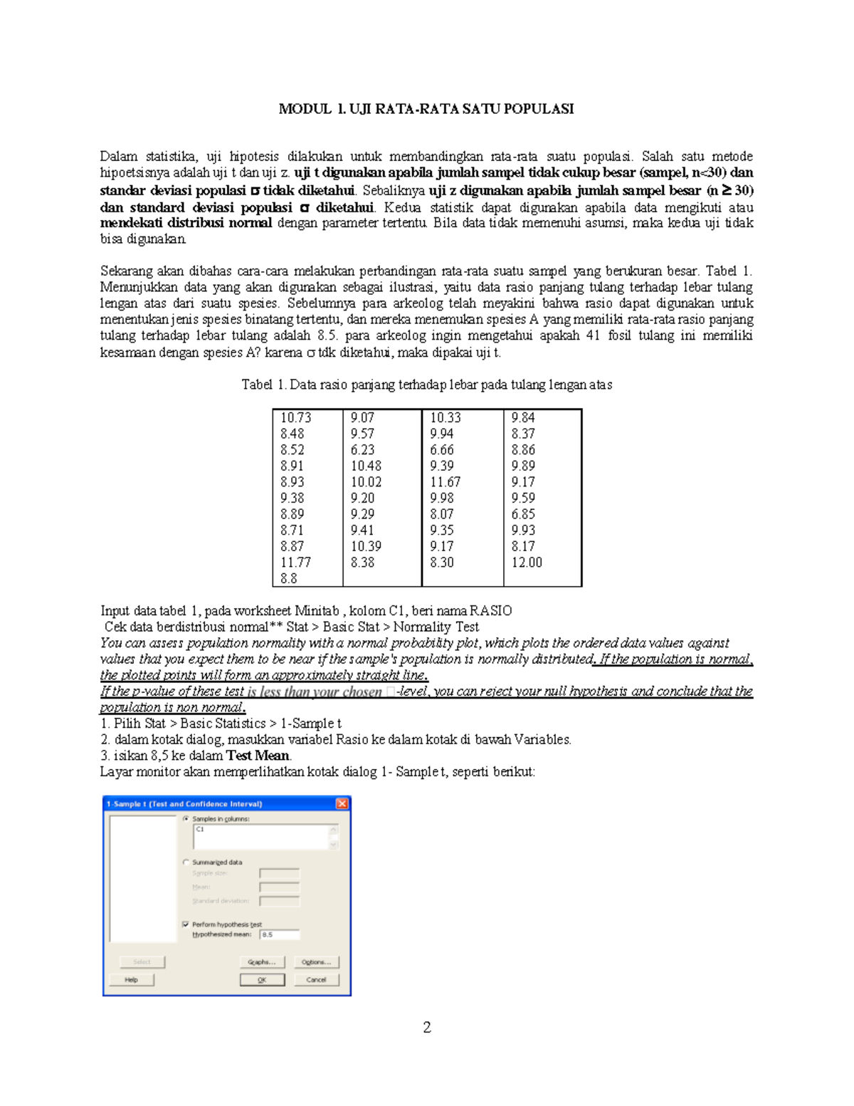 Modul Praktikum Statistik Inferensia 2018 Minitab - MODUL 1. UJI RATA-RATA SATU POPULASI Dalam ...