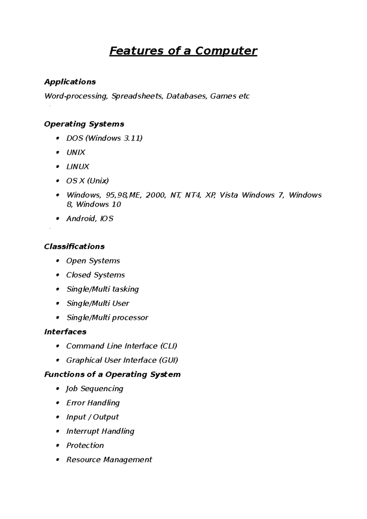 Features of a Computer - Lecture notes 1 - Features of a Computer ...