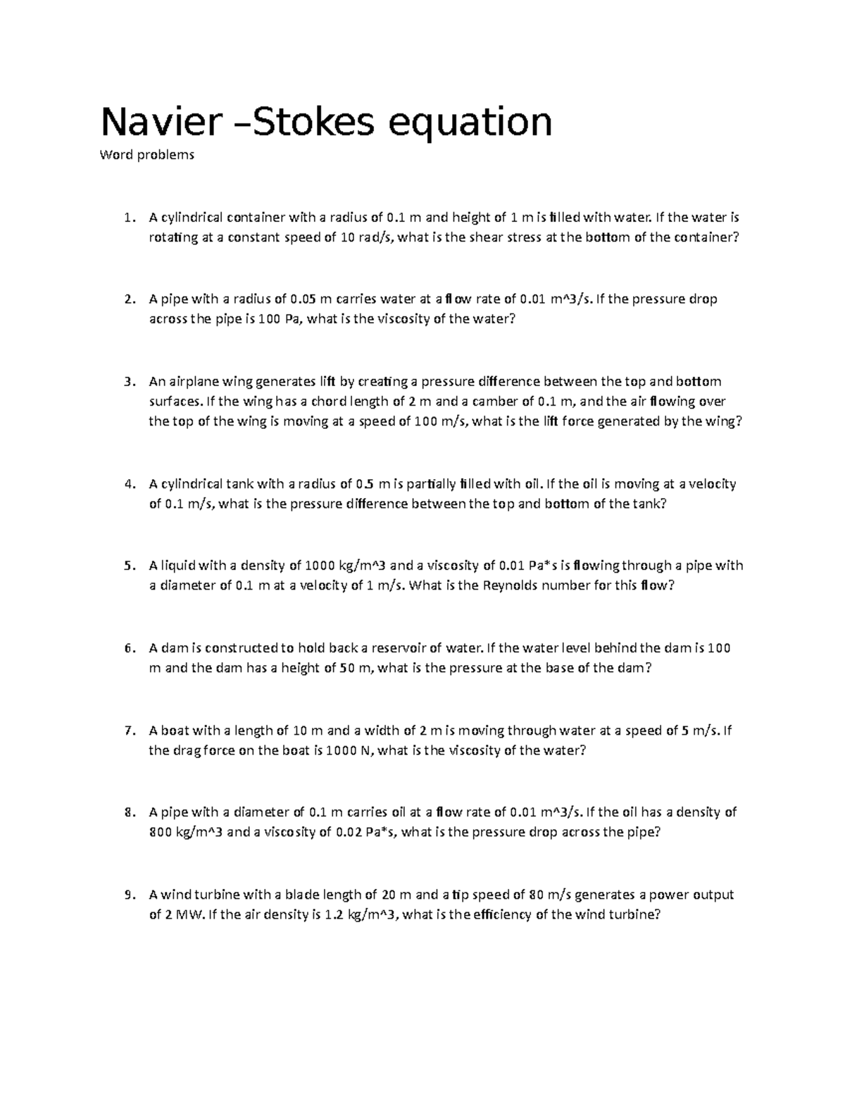 Navier-stokes equations - Navier –Stokes equation Word problems A ...