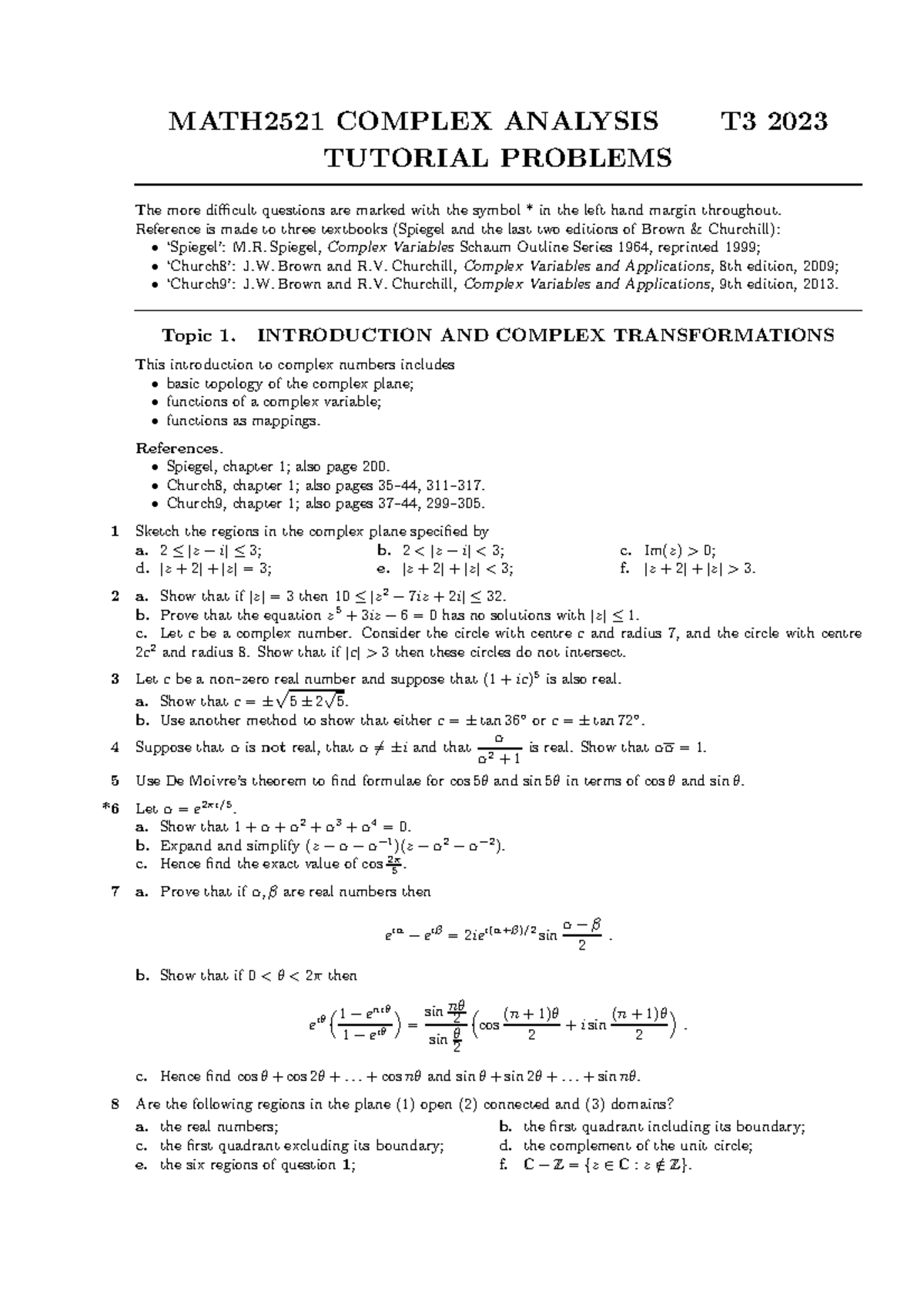 Math2521problems 2023 - MATH2521 COMPLEX ANALYSIS T3 2023 TUTORIAL ...