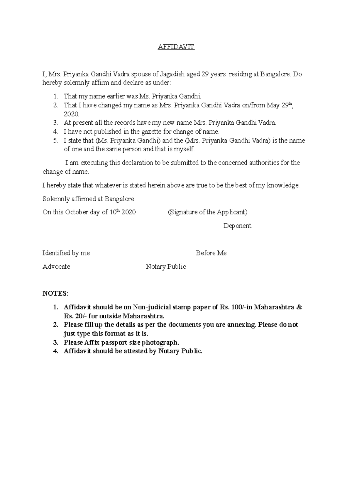 DPC- Affidavit - DPC - AFFIDAVIT I, Mrs. Priyanka Gandhi Vadra spouse of Jagadish aged 29 years ...
